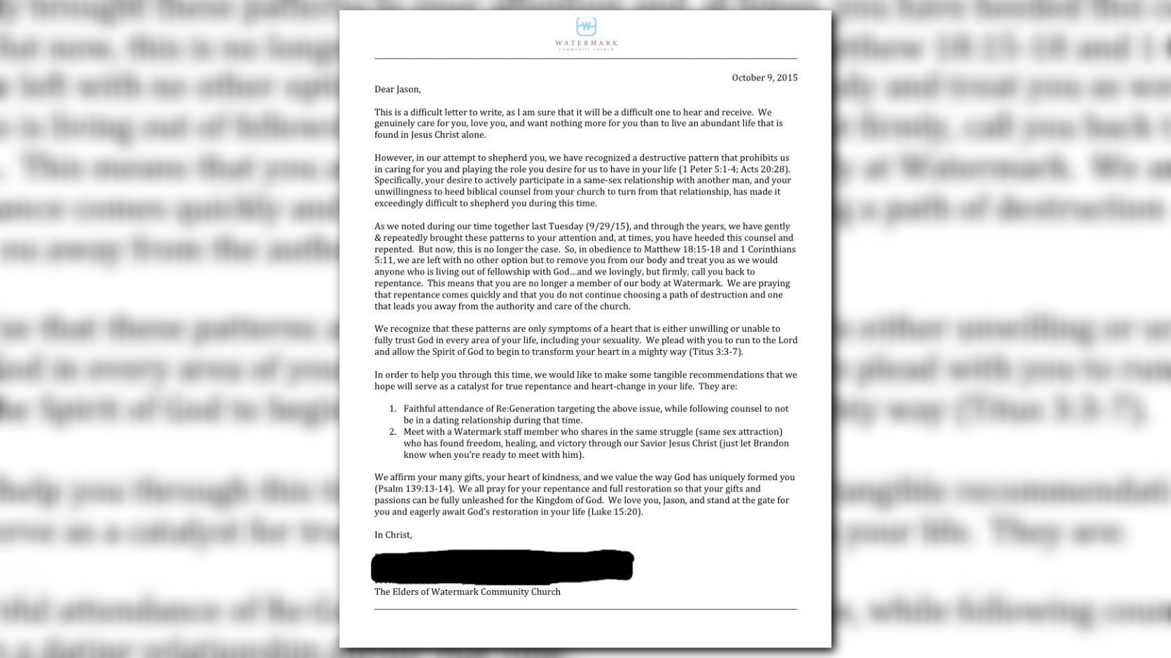 Megachurch letter disfellowshipping gay member, creates controversy ...